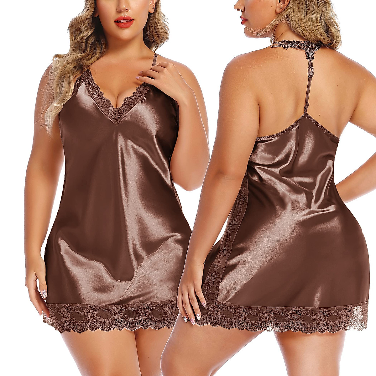 Avidlove Womens Lingerie Satin Sleepwear Lace Chemise V Neck Mini Slip Nightgown Nightshirt (Brown, Small)