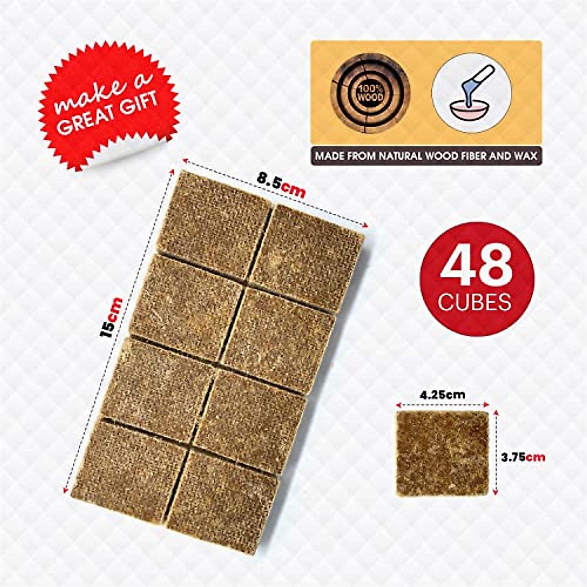 Dextreme Fire Starter Pack of 144/48 Natural Fire Starters Cubes for Wood Stoves, Campfires, BBQ, Grill Pit, Fireplace, Charcoal, Smokers and Camping - Easy to Ignite and Non Toxic… (48 Squares)