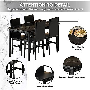 Hooseng Dining Table Set for 4, Black Modern Kitchen Table and Chairs for 4, 5 Piece Dining Room Furniture Table Set with Faux Marble Tabletop and PU Leather Chairs for Small Spaces, Apartment,Dinette