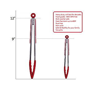 HiramWare Kitchen Tongs Set of 2 – 9 inch & 12 inch – Stainless Steel Food Tongs with Silicone Tips – Premium Locking Non-stick Tongs for Cooking, BBQ, Grilling, Salad - Heavy Duty, BPA Free(Red)