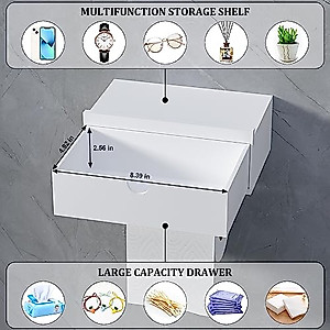 Domax White Toilet Paper Holder with Shelf - Wall Mount/Adhesive Bathroom Toilet Paper Holder Bamboo Wood Tissue Toilet Roll Holder with Storage Drawer for Organizer Wipes Fits Any Room, Large