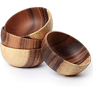 Acacia Wood Bowls Small Size for Handmade -Carved Dia 4"x 1.5 H Set of 4 Calabash Bowls (FREE 4 Wood Spoons)