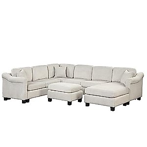 HAUSHECK 4 Pieces Sofa with Ottoman & Right Side Chaise, U Shaped Sectional Couches Living Room Furniture Set, 91.3" D x 122.1" W x 25.6" H, White