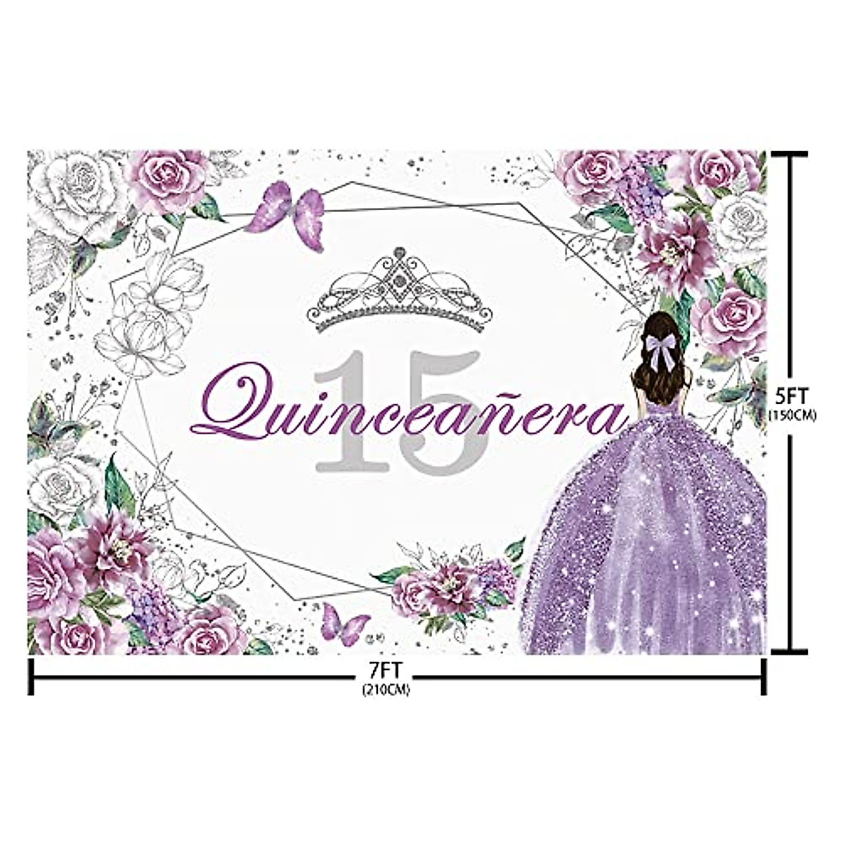 Sendy 7x5ft Quinceanera 15th Birthday Backdrop for Sweet Girl Mis Quince Anos 15th Party Decorations Purple Silver Glitter Floral Crown Butterfly Banner Photography Background Cake Table Prop