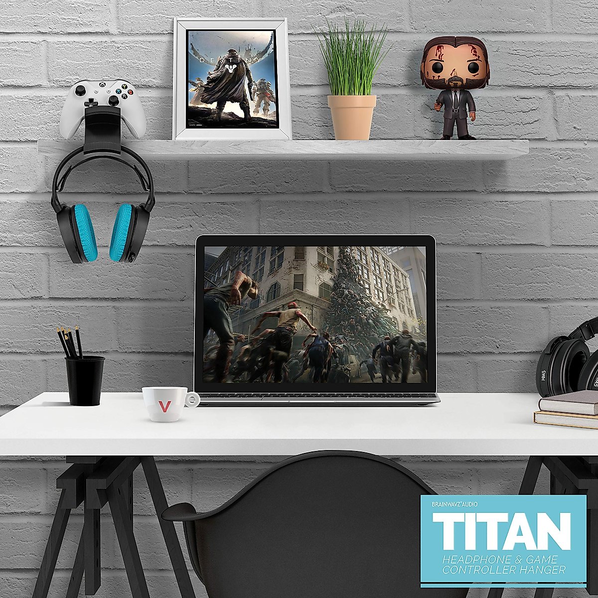 BRAINWAVZ The Titan - Desktop Gamepad Controller & Headphone Hanger Holder - Designed for XBOX ONE, PS4, PS3, Dualshock, Switch, PC, Steelseries, Steam & More, Reduce Clutter, Black