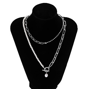 Bethynas Dainty Silver Layered Baroque Pearl OT Clasp Necklace Stacking Beaded Ball Chain Paperclip Pearl Chain Retro Necklace for Women