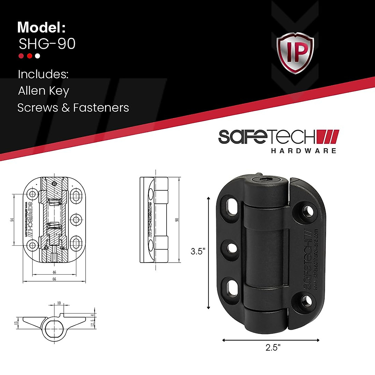 Safetech Hardware TopKlik Self Closing Gate Hinges | Self-Aligning Heavy Duty Spring Hinges | Adjustable Tension | Pool Safety Hinges | Any Square Post, Aluminum Gates | Swing Close 90bs SHG-90L Black