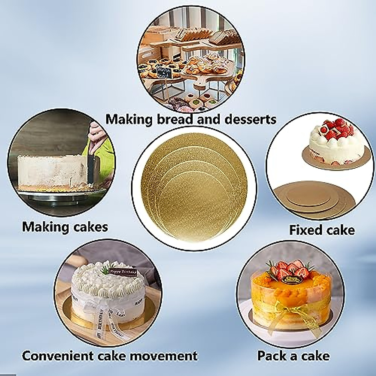 4 Pack Cake Boards Golden Round Cake Circles 6, 8, 10, 12 Inch Cake Base Cardboard, 1 of Each Size Set for Baking Cake, Gold