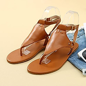 Sandals for Women Dressy Summer,Women's Casual Thong with Ankle Strap Sandals Flat Shoe Open Toe Ladies Wide Width Trendy Beach Walking Shoes (Brown, 9)