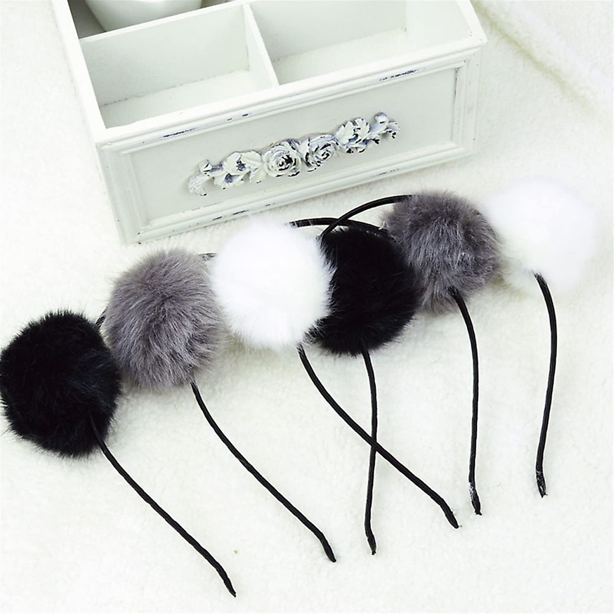 ACTLATI Pompom Ball Headband Fluffy Ball Hair Hoop Ear Headband for Girls Halloween Cosplay Costume