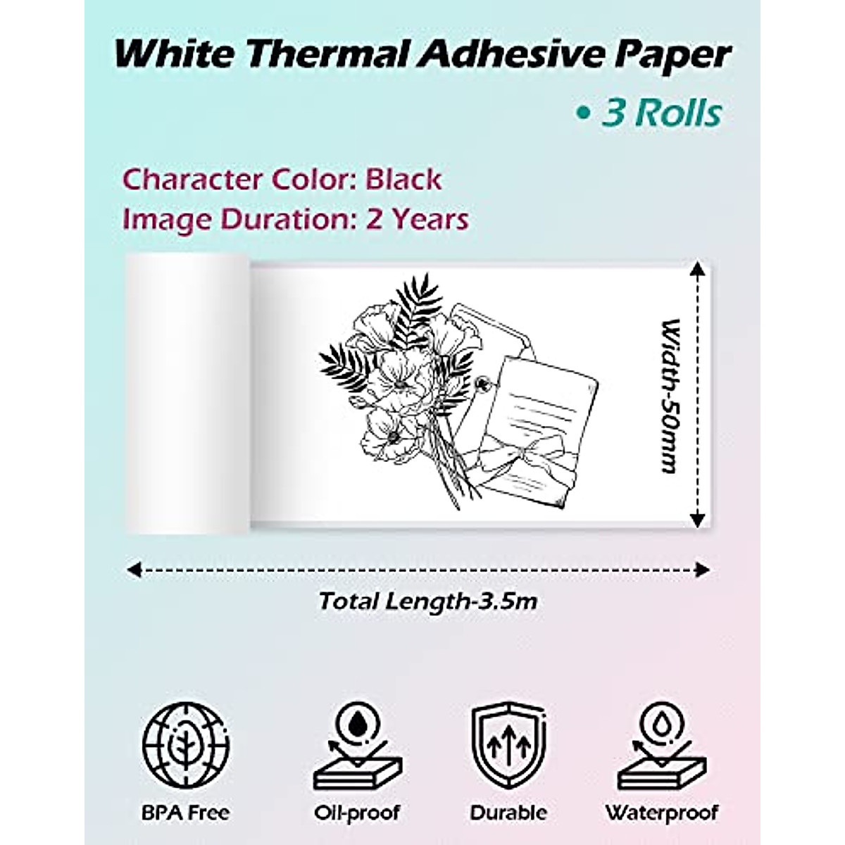 Phomemo White Adhesive Thermal Sticker Paper 50mm, Compatible With Phomemo T02/M02/M02S/M02 PRO/M04S/M04AS Mini Thermal Printer, Black Text, 3 Rolls, Suitable For Notes, List, Sticker