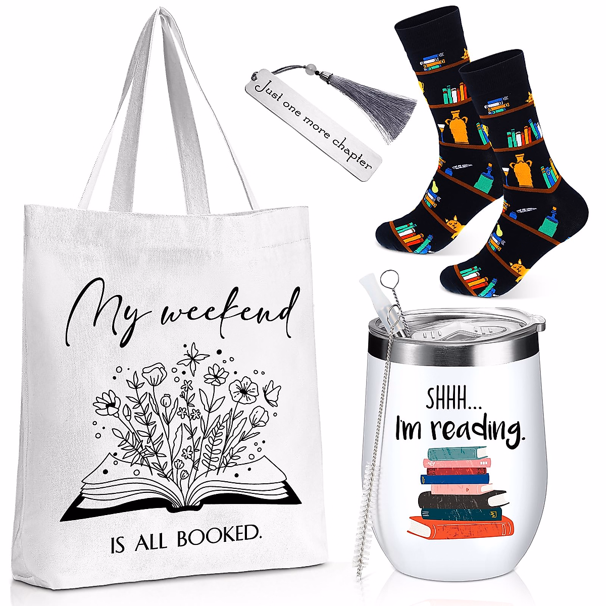 Sieral Sets of 4 Book Lovers Gifts Lover Appreciation Include Novelty Socks 12 oz Stainless Steel Wine Tumbler with Lid Library Canvas Tote Bag and Bookmark Tassel for Student Teacher Reader
