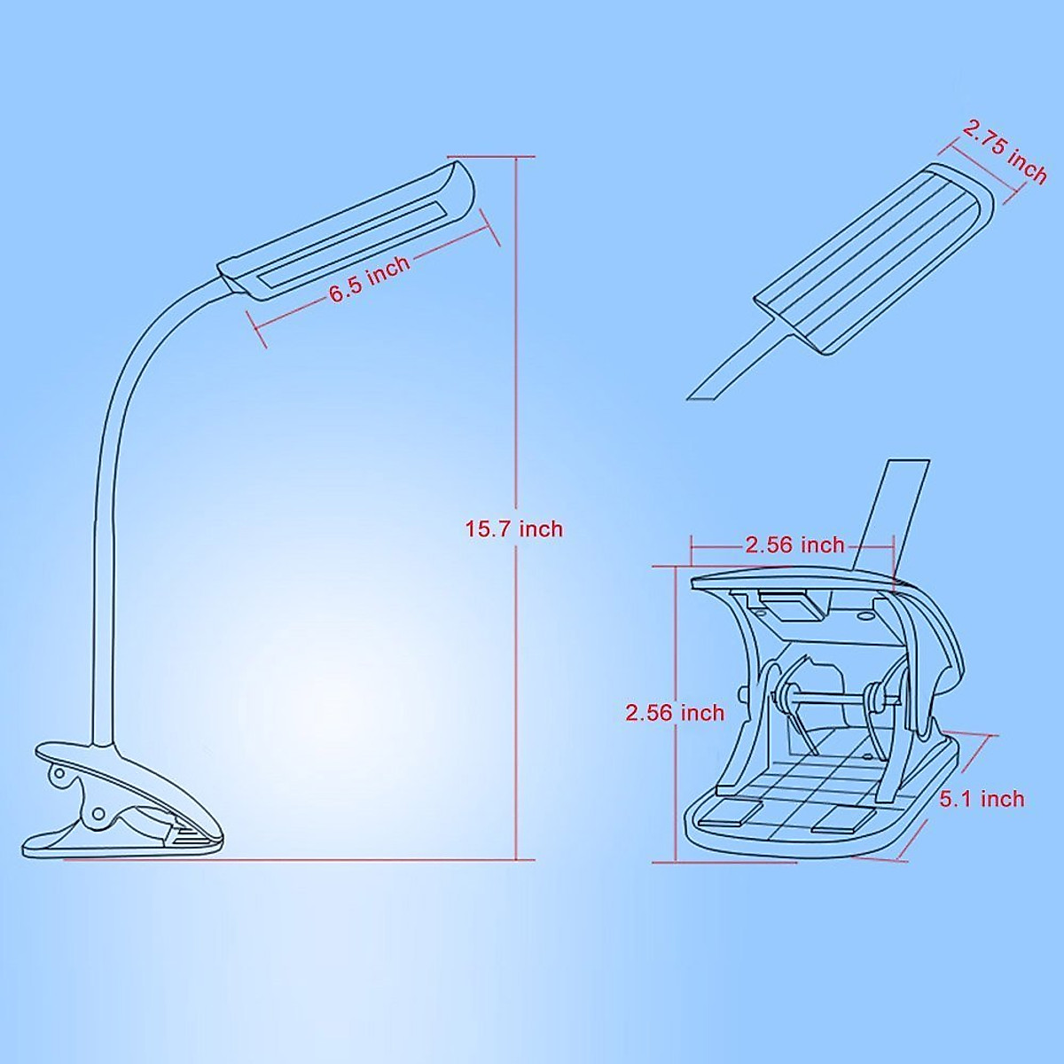 KEDSUM 7W Dimmable LED Clip on Lamp, Flexible Gooseneck Clip on Reading Light with 3-Level Dimmer, Touch-Sensitive Control Panel, Clamp Lamp for Desk