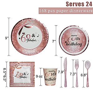HOMIX 60 and Fabulous Party Plates Napkins Cups Sets Rose Gold with Plastic Cutlery Sets Serves 24 for Women 60th Birthday Party Supplies and Decorations