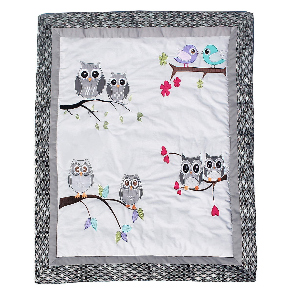 BabyFad Owl Grey White Nursery 9 Piece Baby Crib Bedding Set 100% Cotton