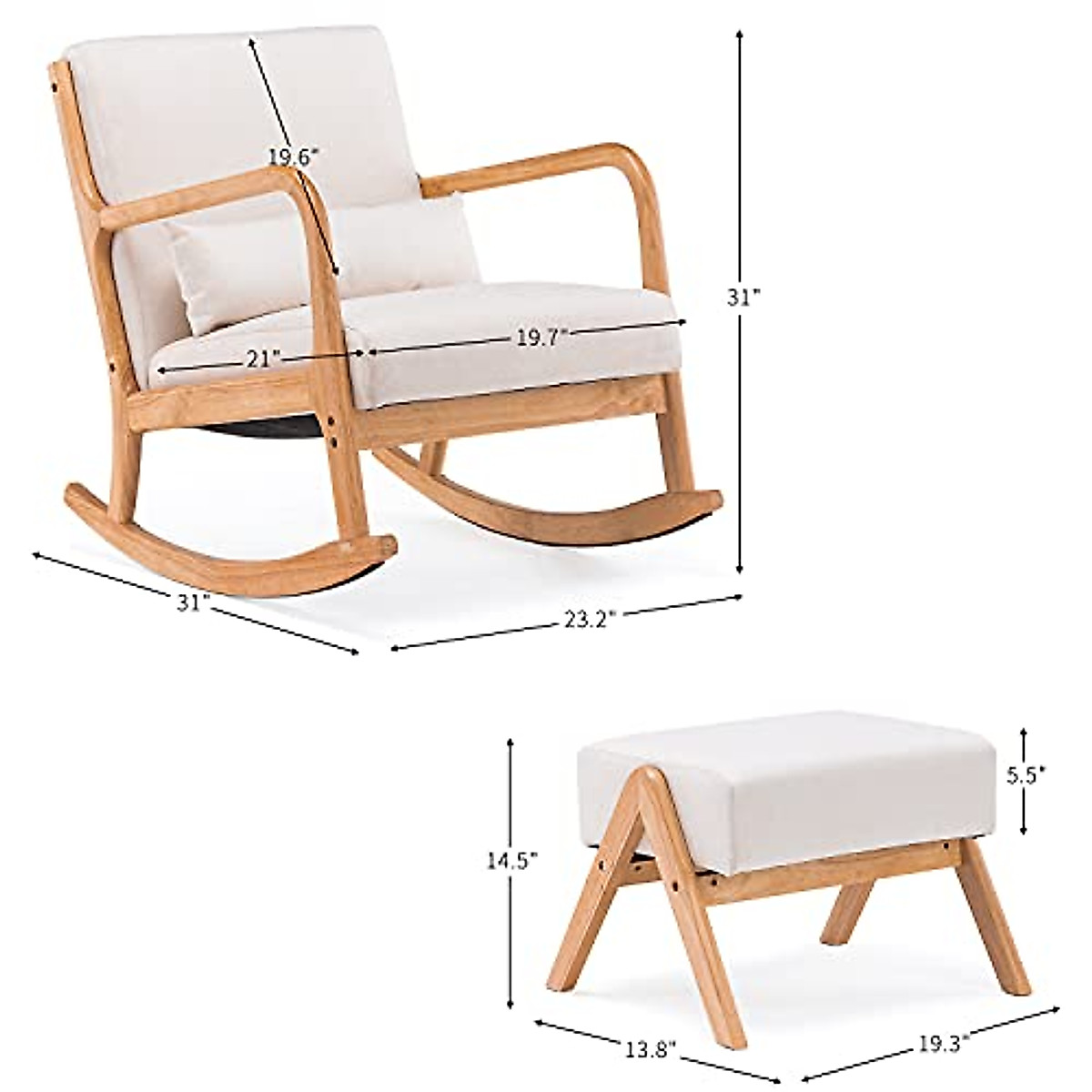 YOLENY Fabric Rocking Chair,Mid-Century Glider Rocker with Padded Seat, with Ottoman,Seat Wood Base,Linen Accent Chair for Living Room,New Beige