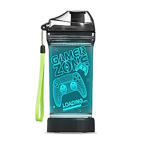 YuanDian Gamer Zone Water Bottle for Boys, Controller 7 Color Lights 3D Light up Drinking Cups Gifts for Gamers Men, BPA Free & Leak Proof Flip Top Lid & Easy Clean & Carry Handle, 14oz/ 400ml
