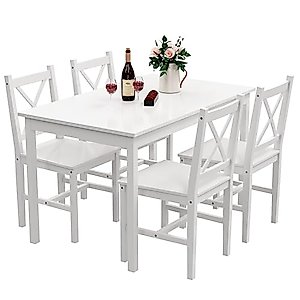 Alohappy Dining Table Set for 4, 5 Piece Kitchen Table Set with 4 Chairs Pine Wood Dining Table Rectangle Breakfast Table and Chairs for Small Space, Space-Saving & Easy Assembly (White)