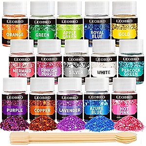 Holographic Chunky Glitter, 15 Colors Craft Glitter for Resin, with 5PCS Mixing Spoon, LEOBRO Cosmetic Glitter for Nail Body Eye Face, Resin Glitter Flakes Sequins for Tumbler Jewelry Crafts Making