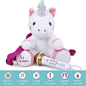 Singing Machine Kids Presents The Sing Along Crew Speaker & Microphone Plush, Karaoke Backpack with Songs, Sound Effects & Recording, Uni Queen, White and Pink (SMK012)