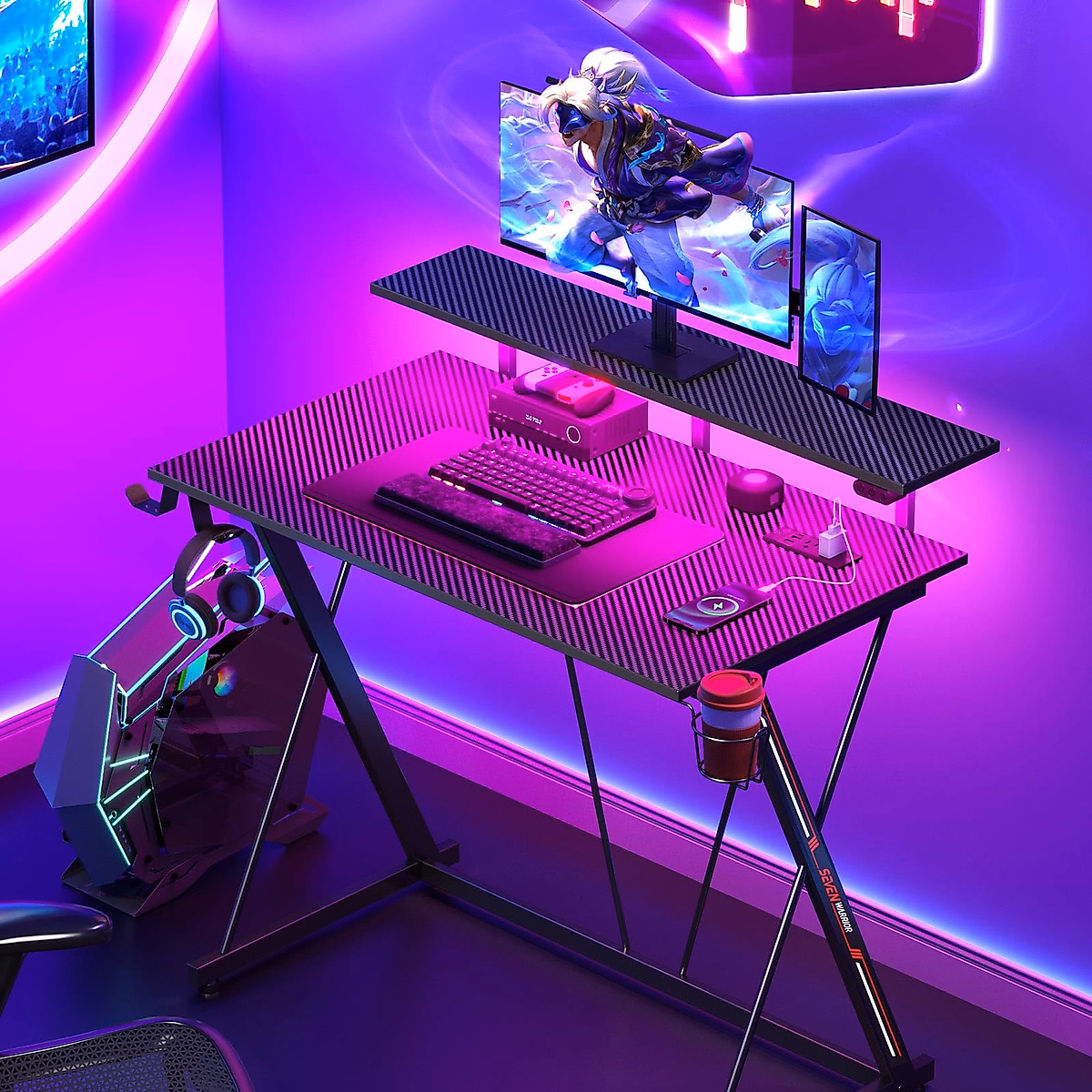 SEVEN WARRIOR Gaming Desk with LED Lights & Power Outlets, 31.5" Computer Desk with Monitor Shelf, Home Office Desk with Cup Holder and Headphone Hook, Ergonomic, Carbon Fiber Surface Black