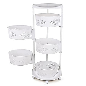 5 Layer Rotating Multi-Layer Kitchen Storage Shelf, Fruit and Vegetable Storage Basket, Kitchen Storage Rack Floor-Standing Household Storage Rack Trolley with Movable Wheels for Kitchen