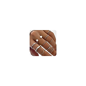 Chmier 10 Pcs Boho Knuckle Rings Set Dainty Twist Wave Minimalist Stackable Rings Pearl Statement Rings for Women