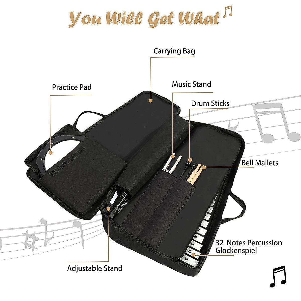 TOLEAD 32 Notes Glockenspiel Kit Xylophone Bell Percussion Instruments with Adjustable Height Stand, Practice Pad Mallets & Wooden Drumsticks, Portable Carrying Bag