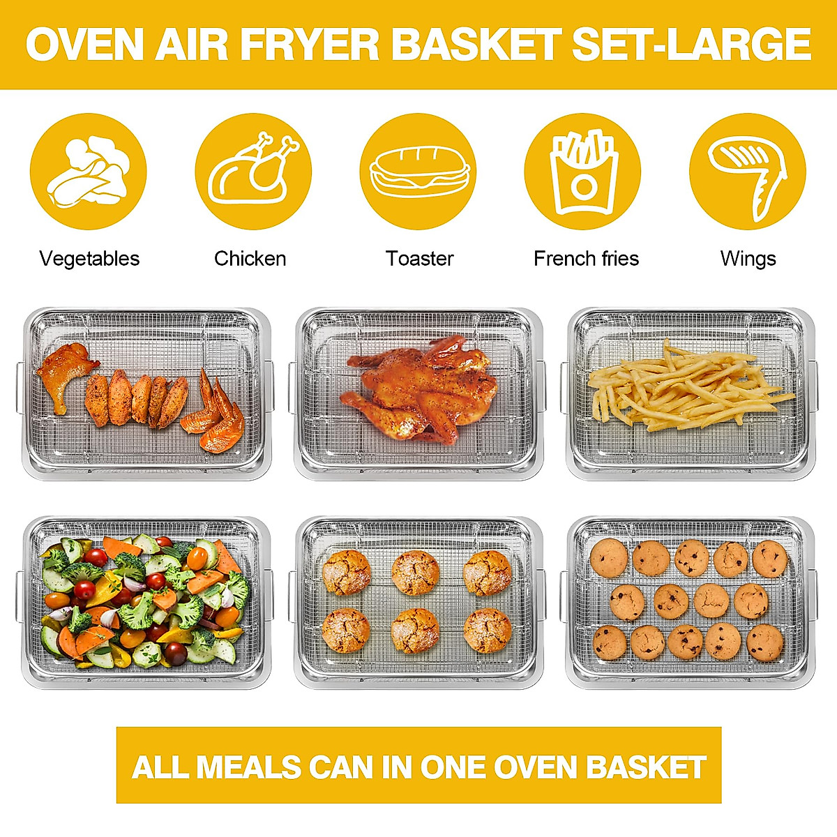 Air Fryer Basket for Oven 2 Set Stainless Steel, Air Fryer Accessories Oven Rack and Crisper Tray, Bacon Cooker Broiler Pan for Oven, Bakeware Sets Oven Rack-2-Set Large & Medium