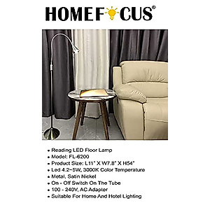 HomeFocus - LED Floor Lamp, Floor Lamp,Floor Light,Eye-Caring,Floor Lamp for Living Room,Bedroom,Metal,Satin Nickel,Flexible Gooseneck,LED 5W,3000K,Warm White Light,Energy Efficient Super Bright.