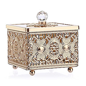 Hipiwe Hollow-carved Metal Jewelry Box with Glass Lid, Gold Mirrored Trinket Organizer Square Treasure Box for Ring Earrings Necklace, Christmas Birthday Gift for Women Girls