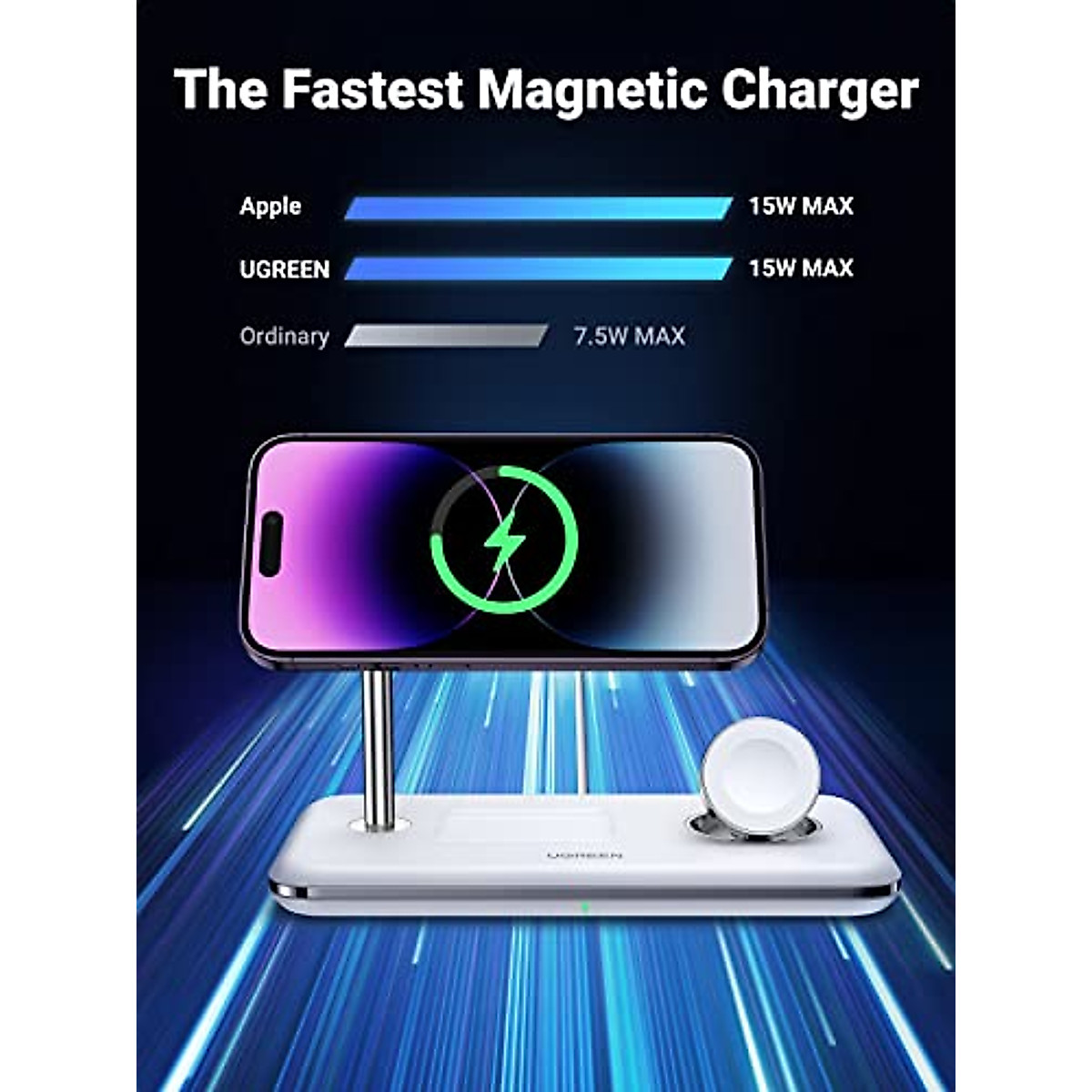 UGREEN MFi-Certified 25W 3-in-1 MagSafe Wireless Charging Station, 15W Fast Charging for iPhone 14/13/12 MagSafe Series, Compatible with Apple Watch, AirPods Series (No AC Adapter)