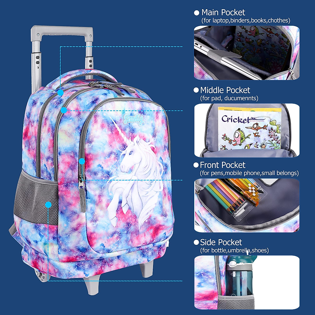 seastig Rolling Backpack for Kids Wheeled Backpack 18in Double Handle Backpack with Wheels