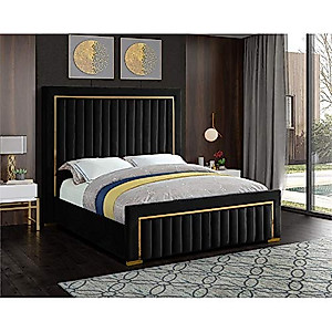 Meridian Furniture Dolce Collection Modern | Contemporary Velvet Upholstered Bed with Luxurious Channel Tufting and Gold Metal Trim/Legs, King, Black
