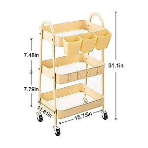 danpinera 3-Tier Rolling Cart, Metal Rolling Storage Cart with Lockable Wheels & Hanging Cups & Hooks, Mobile Trolley Cart for Kitchen, Bathroom, Office, Workshop, Yellow