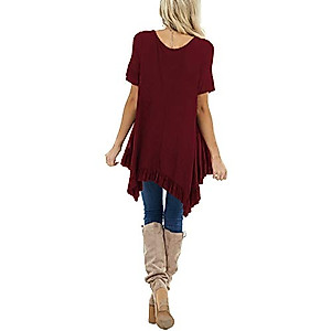 ETCYY NEW Plus Tunic Tops for Leggings for Women Ruffle Comfy Blouses Casual Shirts Ladies Summer Tops Wine