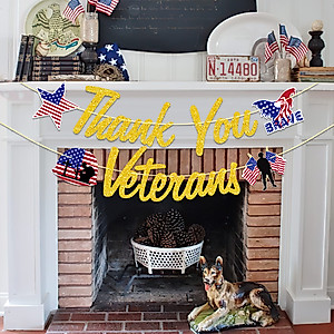Veterans Day Banner, Thank You Veterans Glitter Letter Banner Cardstock Paper Garland Patriotic Party Decorations