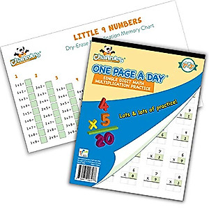Channie’s Math Practice Combo Pack for Elementary School Students, One Page a Day Workbook and Little 9 Little Numbers Reusable Dry Erase Poster for Practicing Single Digit Multiplication Problems