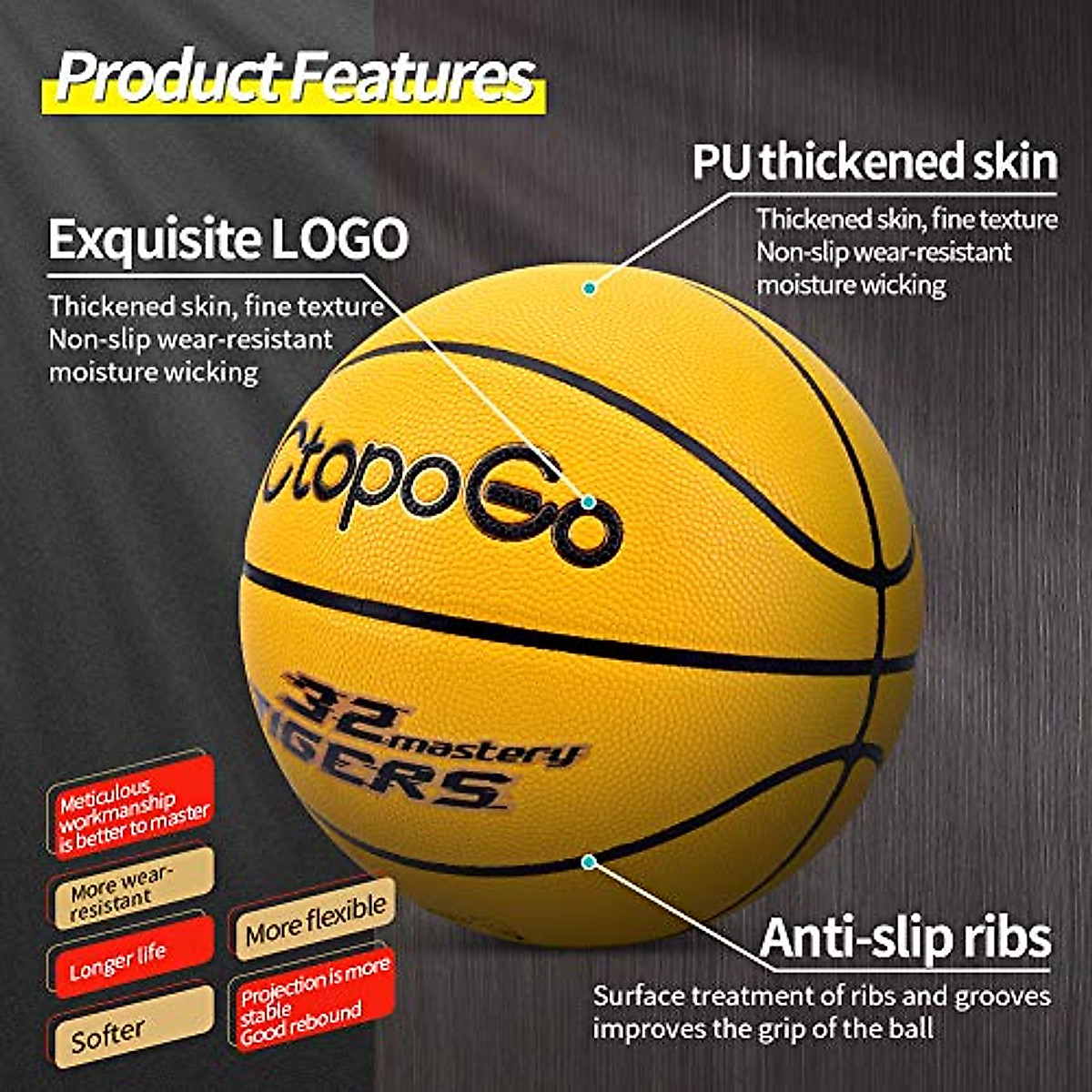 CtopoGo Basketball 29.5" PU Leather Street Basketballs Streetball for Indoor Outdoor Games, Official Size 7 Basketballs Training/Match Basketball (Yellow)