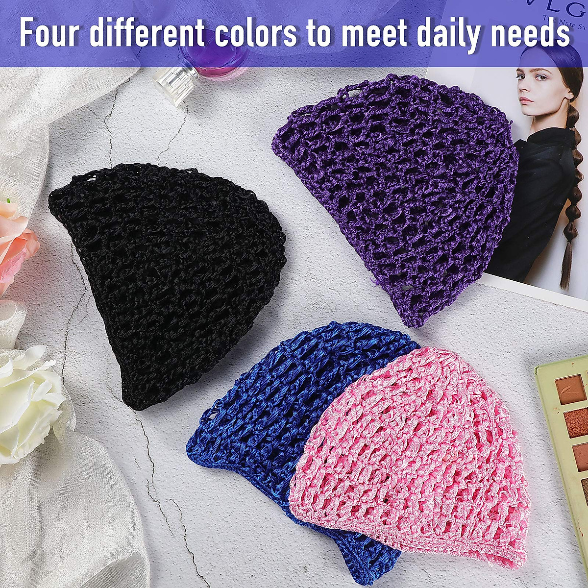 6 Pieces Mesh Crochet Hair Net Rayon Knit Snood Hat Thick Short Women Hairnet Snoods Cover Ornament for Sleeping (Black, Blue, Pink, Purple, Gray, Khaki)