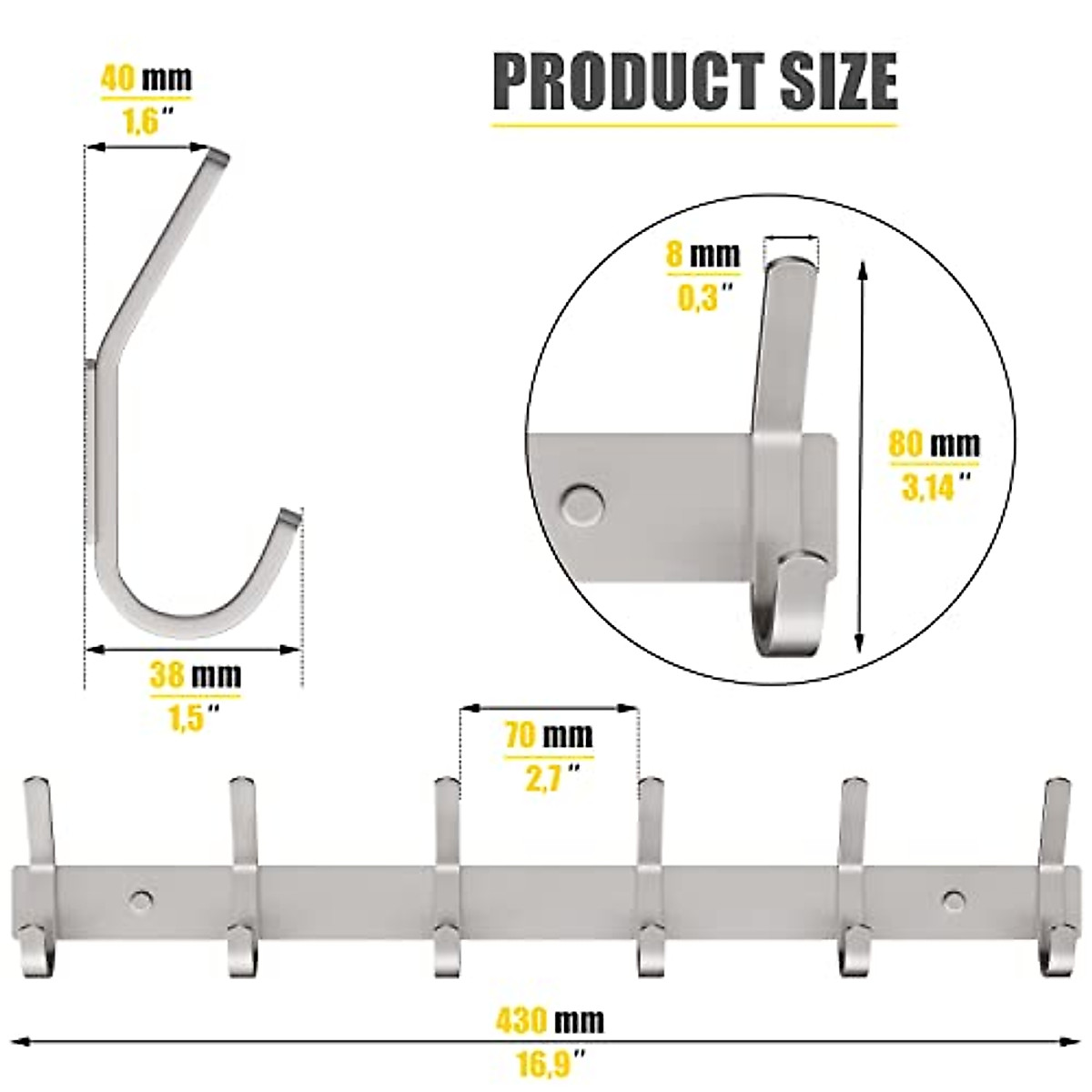 SAYONEYES Coat Rack Wall Mount with 6 Coat Hooks for Hanging - 17 Inch Heavy Duty SUS304 Stainless Steel Brushed Finish Waterproof – Wall Hook Rack for Bathroom Kitchen Entryway (Silver)