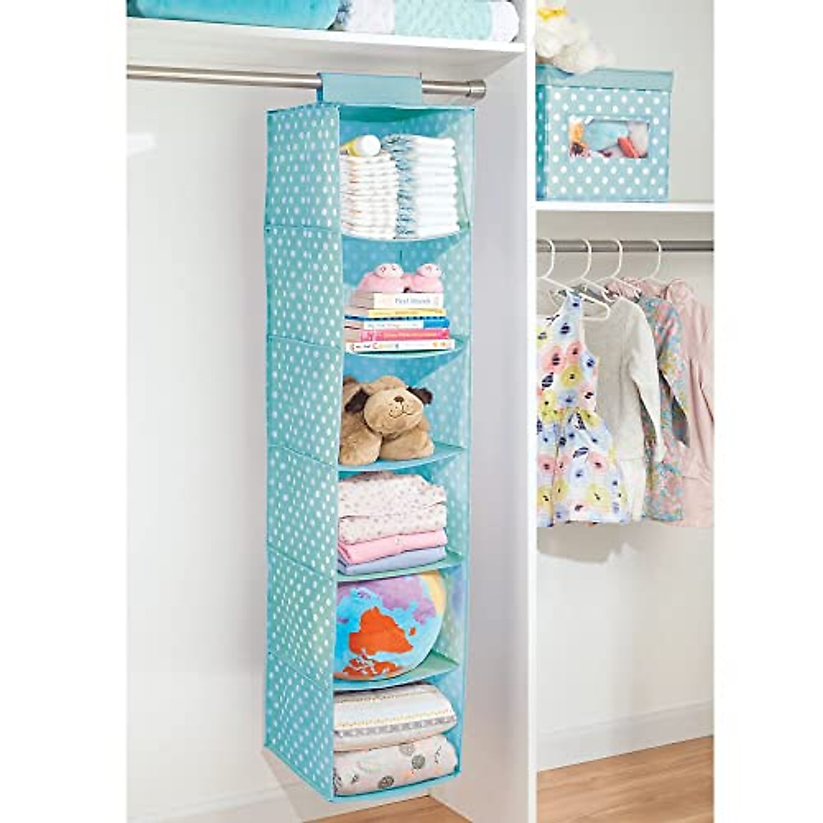 mDesign Soft Fabric Over Closet Rod Hanging Storage Organizer with 6 Shelves for Child/Kids Room or Nursery - Polka Dot Pattern - 2 Pack - Turquoise Blue with White Dots