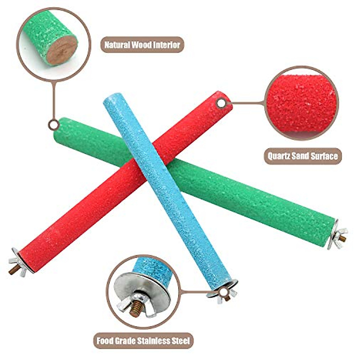 3Pcs Bird Perchs Bird Stand Toy and 1Pcs Bird Rope Perches, Wood Parrot Stand Platform Colorful Sand Paw Grinding Stick Cage Accessories Exercise Toys for Cockatiel Conure Budgies Parakeet (Wood+Rope)
