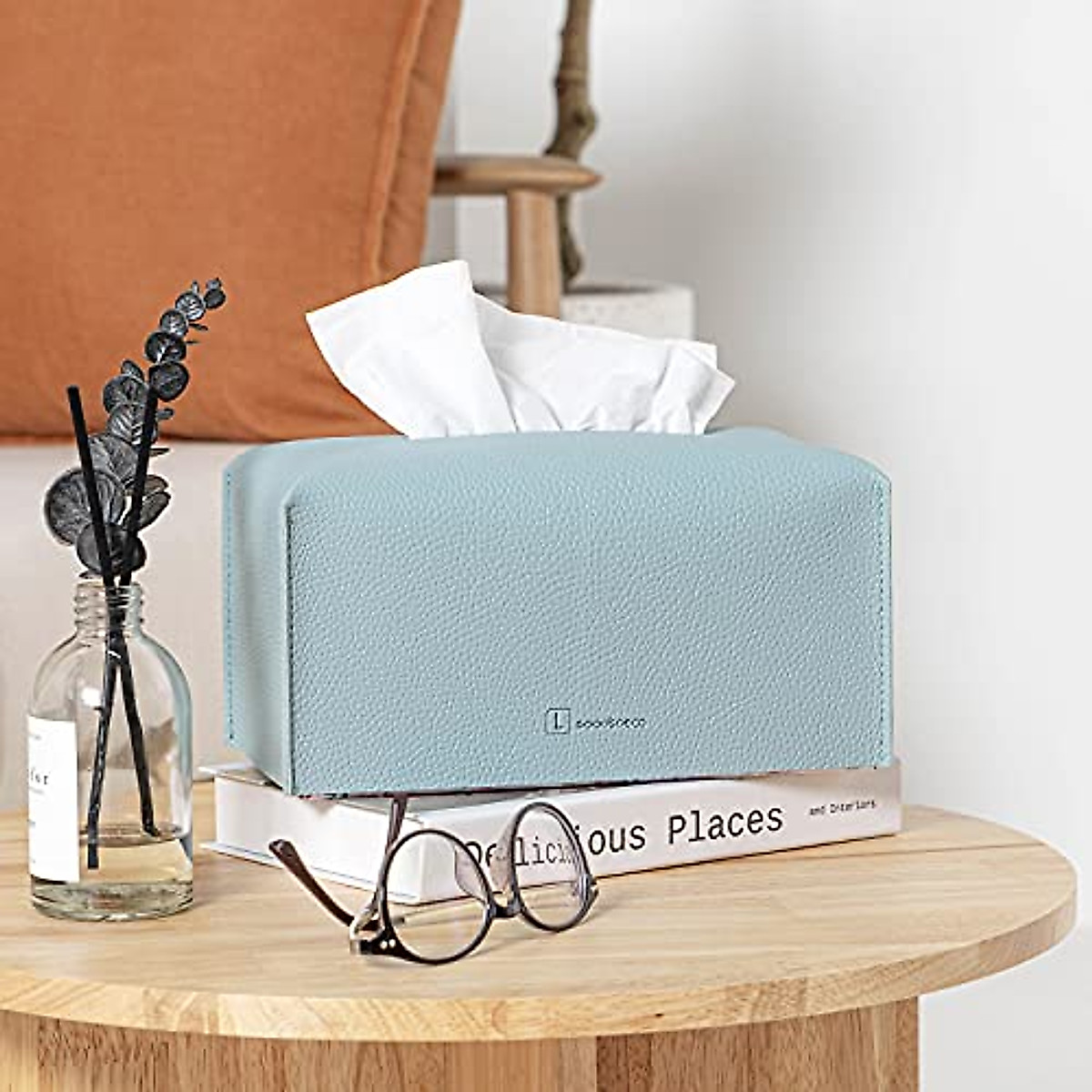 GOODSDECO PU Leather Tissue Box Cover Rectangle - Modern Tissue Box Holder Organaizer for Home Office Bathroom Car, Pastel Organaizer (Sky Blue)