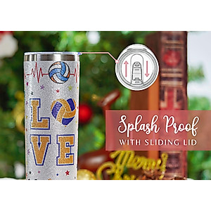 Onebttl Volleyball Gifts for Teen Girls & Team, Stainless Steel Kids Volleyball Tumbler, Double Wall Vacuum Insulated Bottle with Lid & Straw 20oz - Glitter