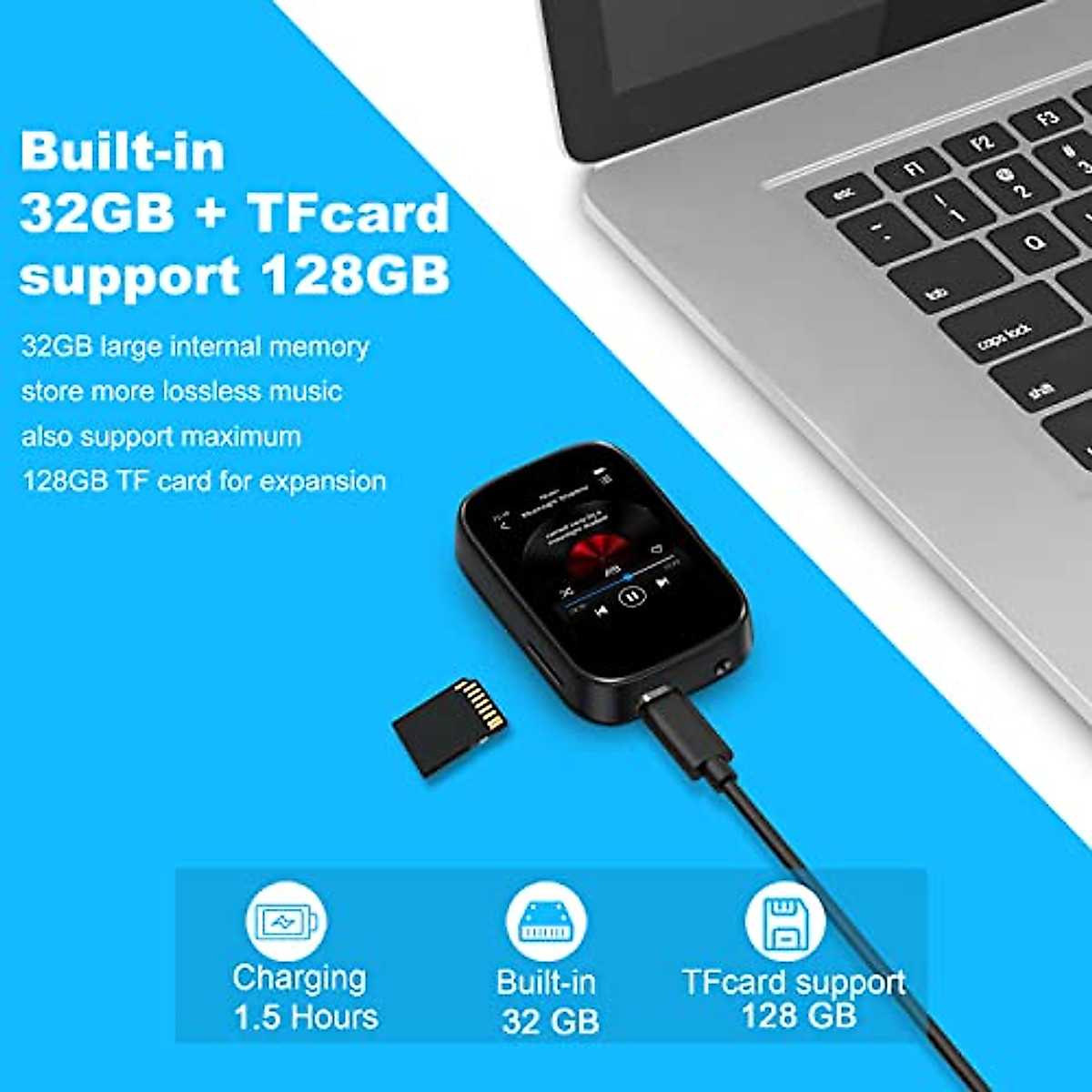 32GB Mp3 Player with Bluetooth Sports Clip-on Music Player for Running Walking Support Full-Touch Screen FM Radio Line-in Voice Record TF Card Up to 128GB-Black