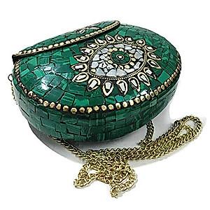 stone mosaic metal bag antique ethnic bridal clutch Indian purse party clutch women bag (Turquoise)