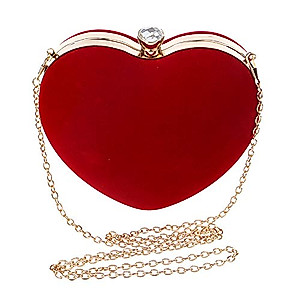 LABANCA Women Ladies Heart Shape Handbag Clutch Suede Party Bag Solid Evening Bag Velvet Chain Shoulder Bag Red