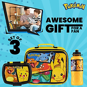 Pokemon Kids Insulated Lunch Bag, Lunch Box and Water Bottle, 3 Piece Set (Amarillo)