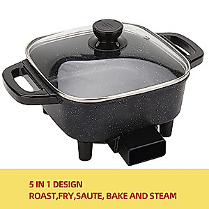 Aoran Small Skillet Electric Non-Stick Square,8 Inch Electric Frying Pan With Tempered Glass Vented Lid,Mini Personal Electric Skillet Indoor，Black,1000 Watts